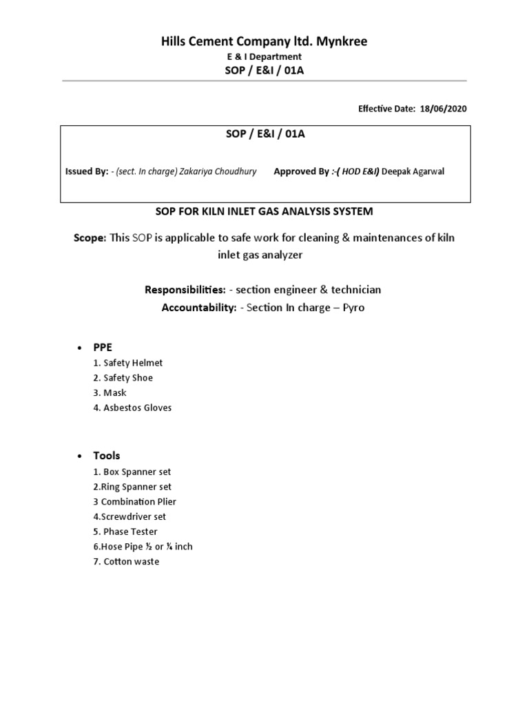 SOP for Kiln Inlet Gas Analysis System Cleaning and Maintenance at ...