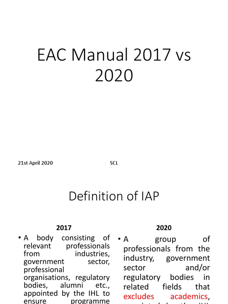 EAC Manual 2017 Vs 2020 | PDF | Test (Assessment) | Performance Indicator