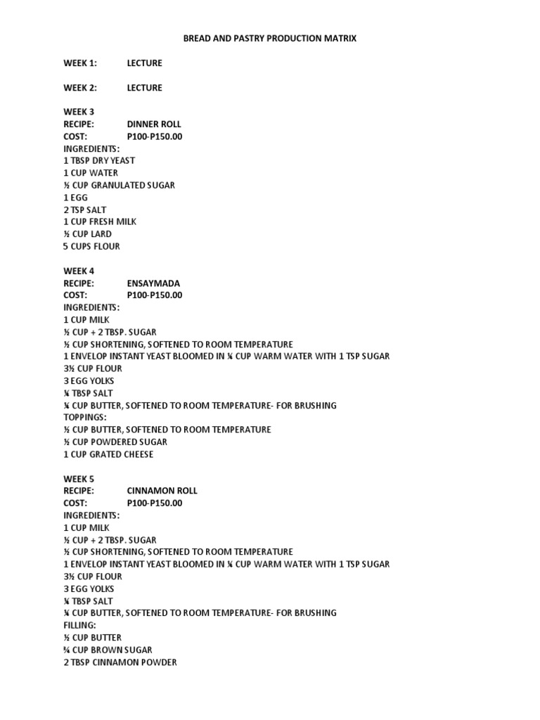 Bread and Pastry Production Matrix | PDF | Cakes | Breads