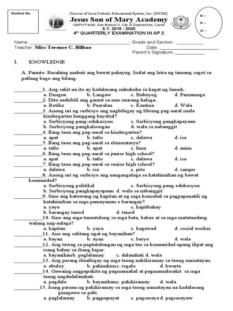 AP2 4th Quarterly Exam - Grade 2 | PDF