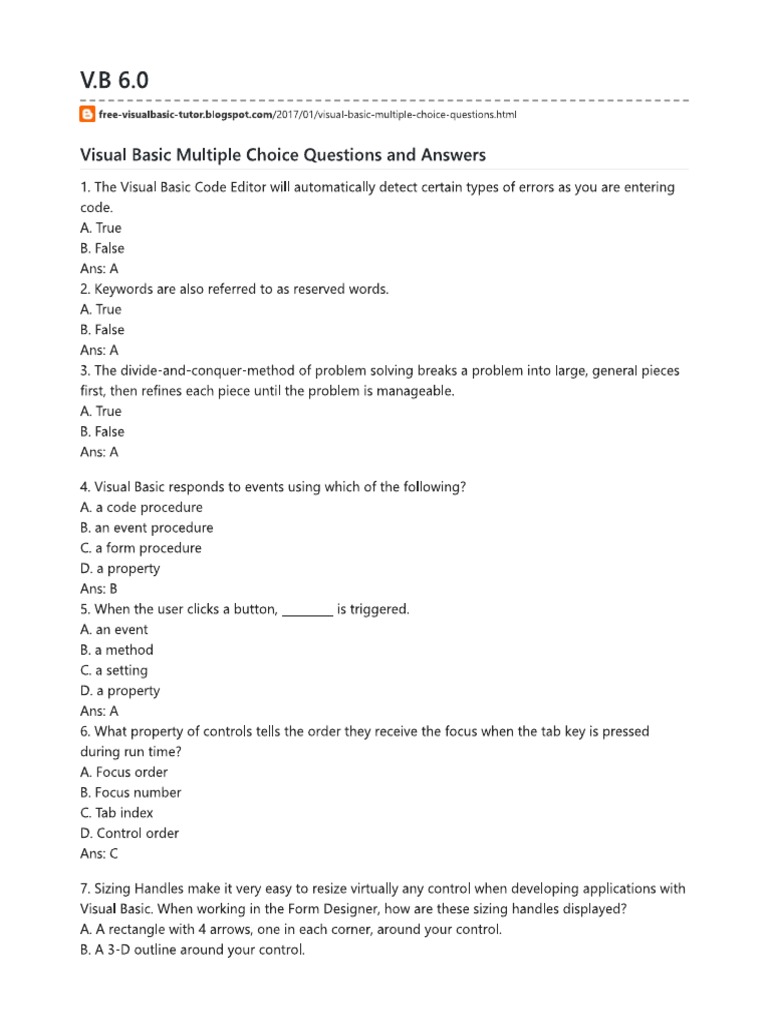 V.B 6.0 - Visual Basic Multiple Choice Questions and Answers | PDF