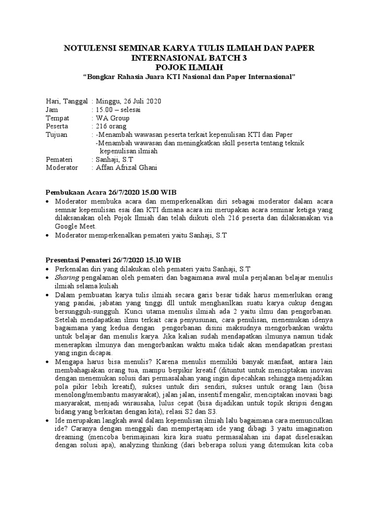 Notulensi Seminar KTI dan Paper Internasional | PDF