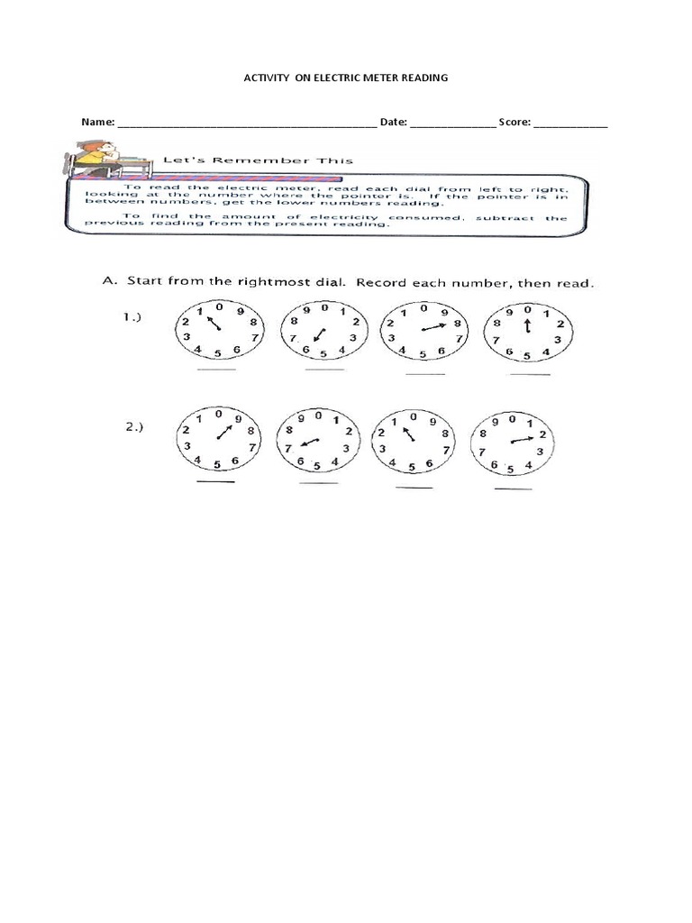 Electric Meter Reading Activity Sheet | PDF | Science & Mathematics