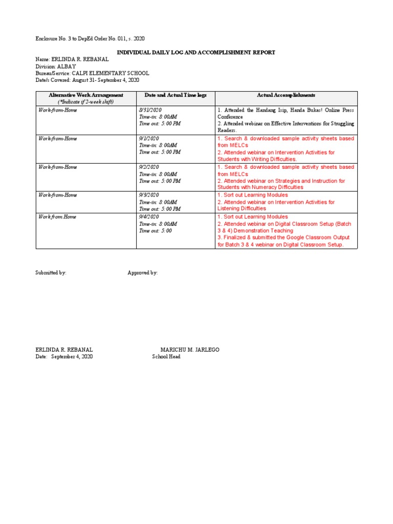 Individual Daily Log and Accomplishment Report | PDF | Classroom ...