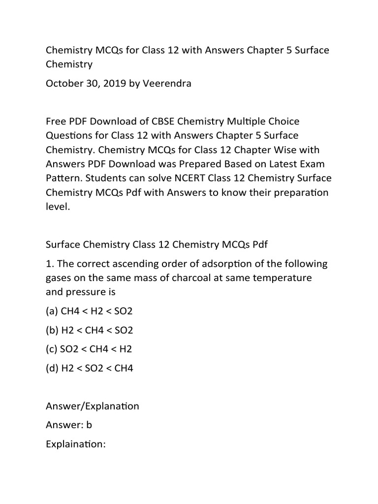 12 Chemistry MCQ CH 5 | PDF | Adsorption | Colloid