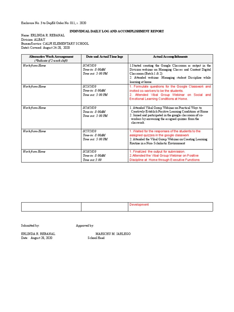 Individual Daily Log and Accomplishment Report | PDF | Telecommuting ...
