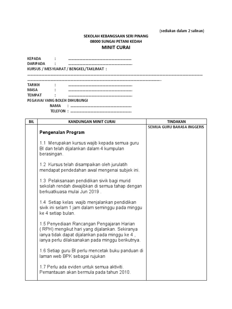 Borang Minit Curai | PDF