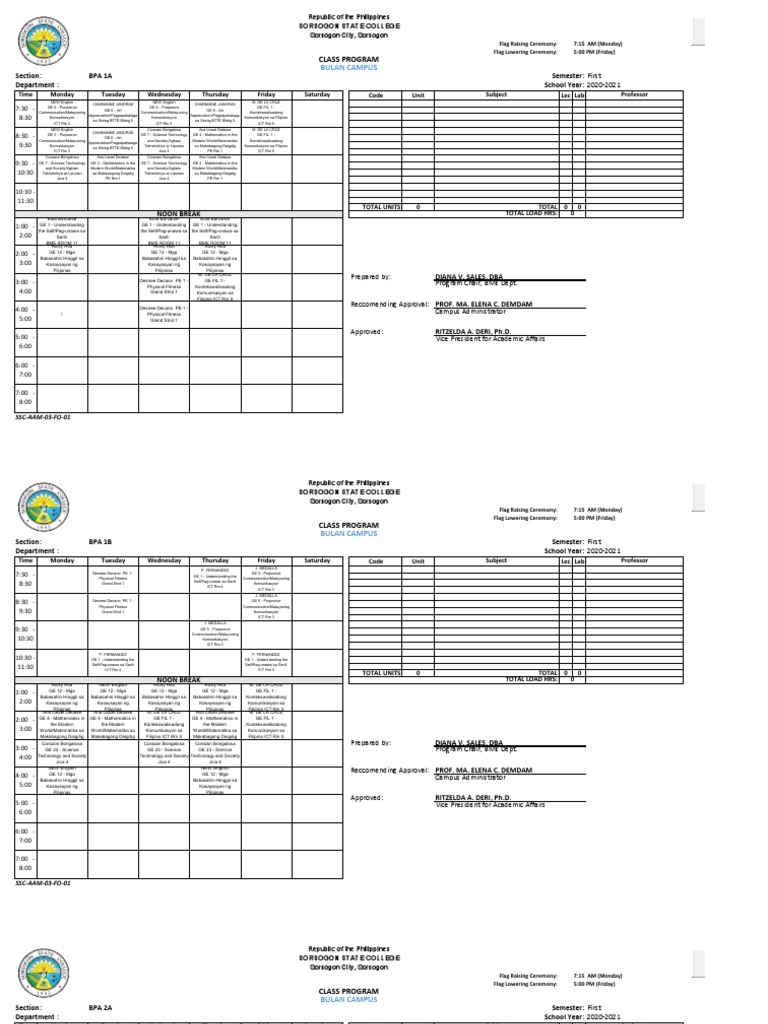 BPA 1A Class Schedule for the First Semester of School Year 2020-2021 ...