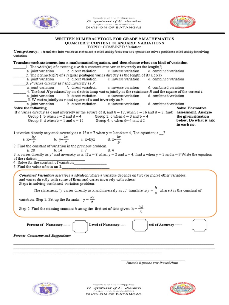 Combined Variation in Grade 9 Math | PDF | Variable (Mathematics) | Area