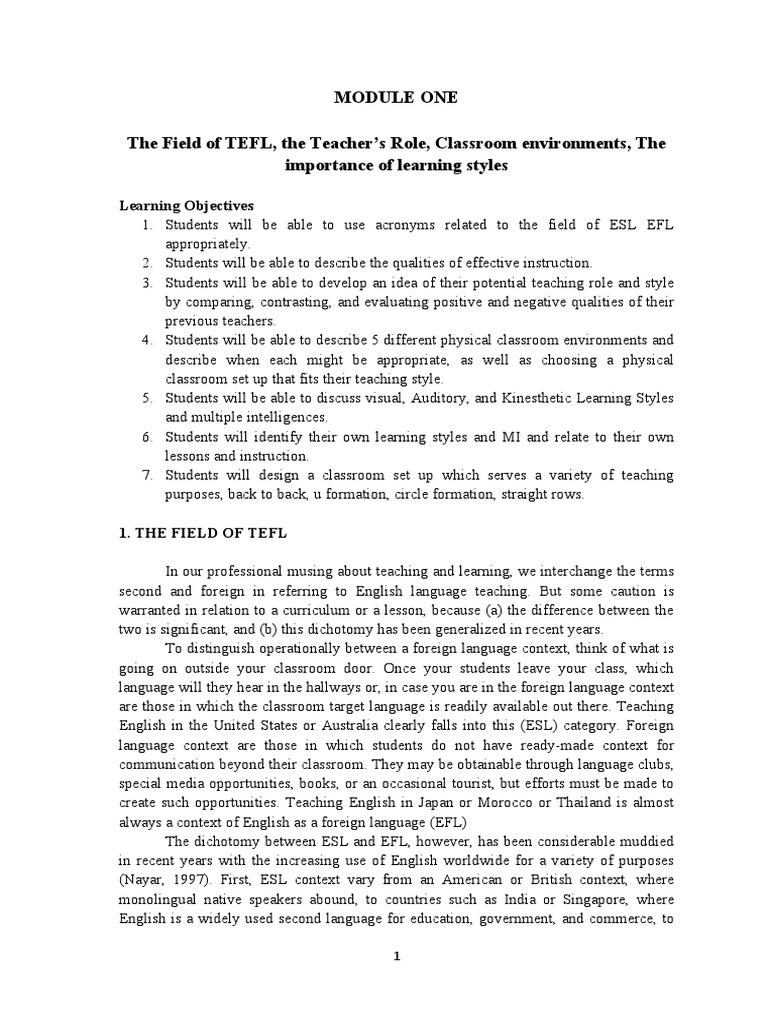 Tefl - Module One | PDF | Teachers | Classroom Management