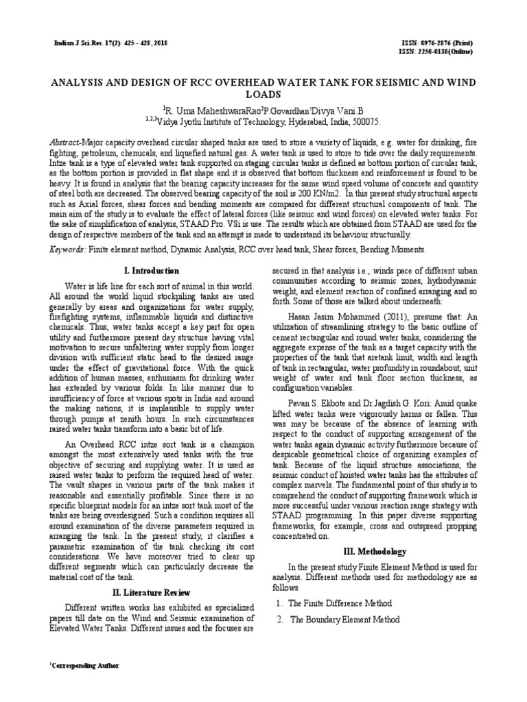 Analysis and Design of RCC Overhead Water Tank For Seismic and Wind ...