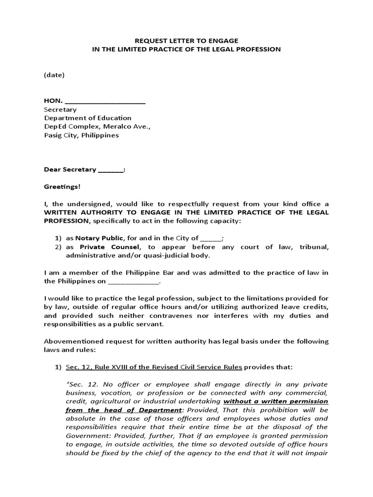 Request Letter for Limited Legal Practice | PDF | Practice Of Law ...
