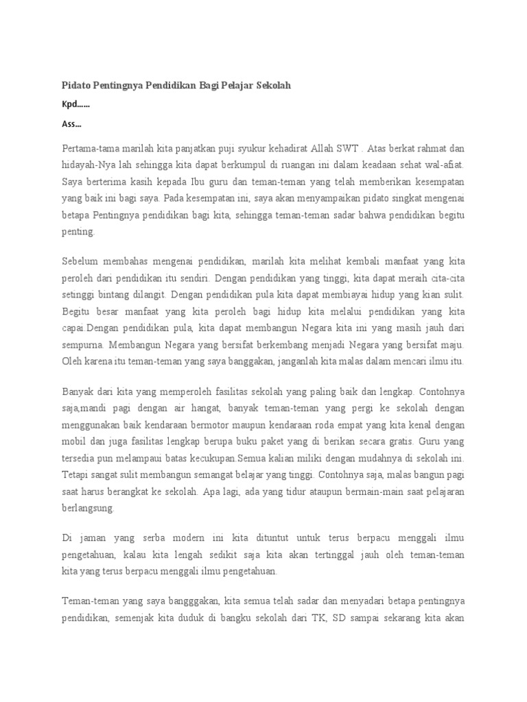 Pidato Pentingnya Pendidikan Bagi Pelajar Sekolah | PDF