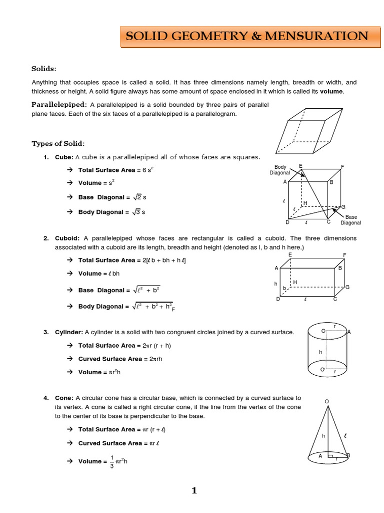 12 - Solid Geometry & Mensuration BBA | PDF | Volume | Area