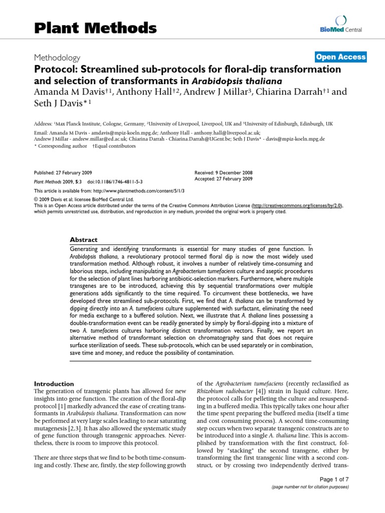 Protocol Streamlined Floral Dip Arabidopsis | PDF | Arabidopsis ...
