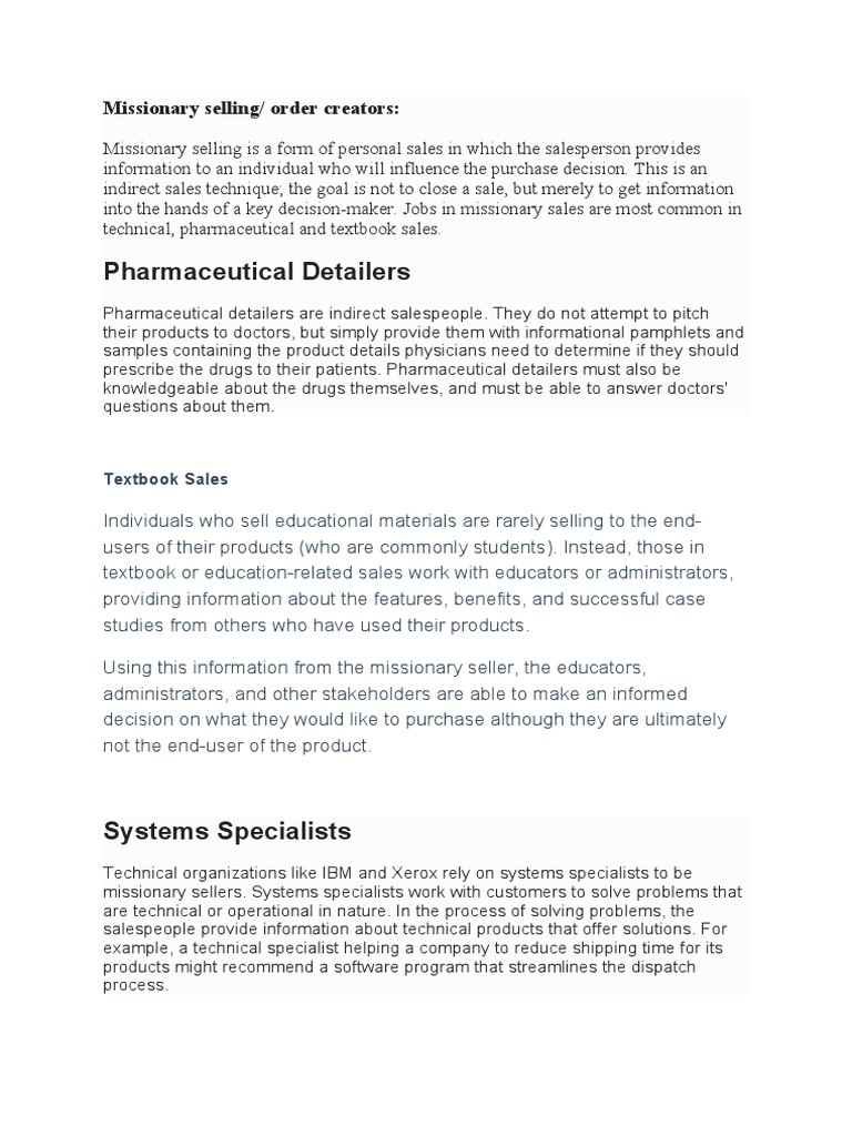 Pharmaceutical Detailers: Missionary Selling/ Order Creators | PDF ...
