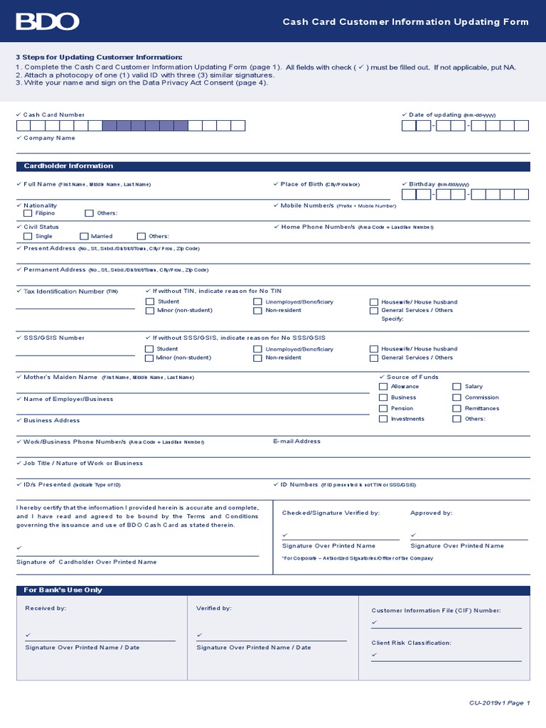 BDO Cash Card Information Update Form | PDF | Automated Teller Machine ...