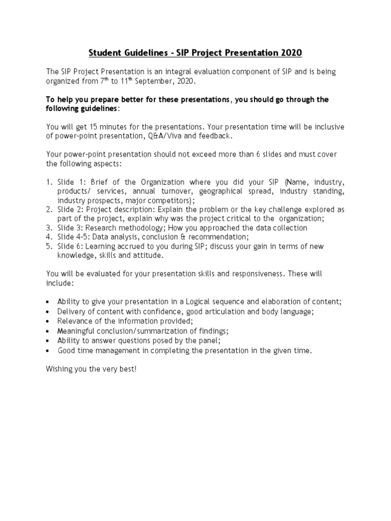 Student Guidelines For SIP Presentation 2020 | PDF