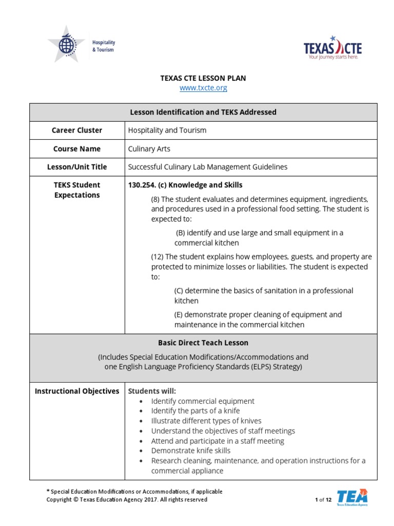 Lesson Plan Successful Culinary Lab Management Guidelines | PDF ...
