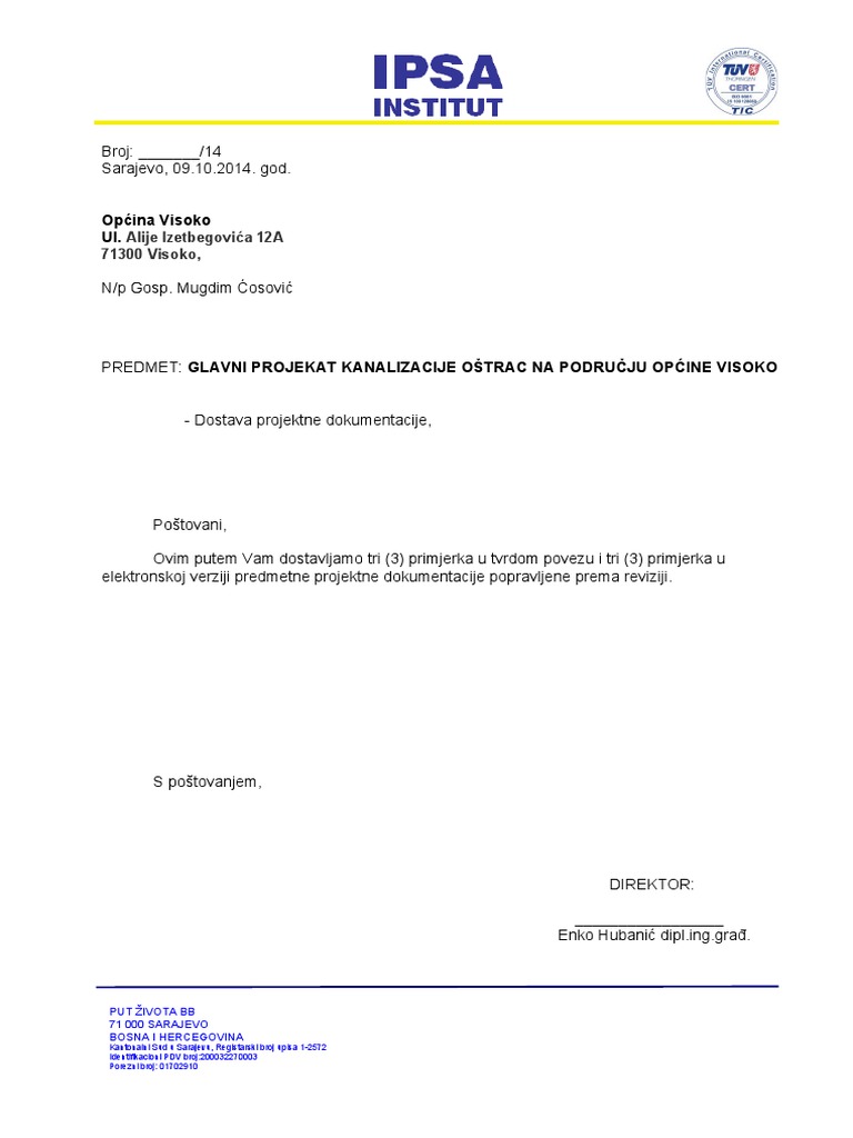 Dopis Za Predaju Projektna Dokumentacija | PDF