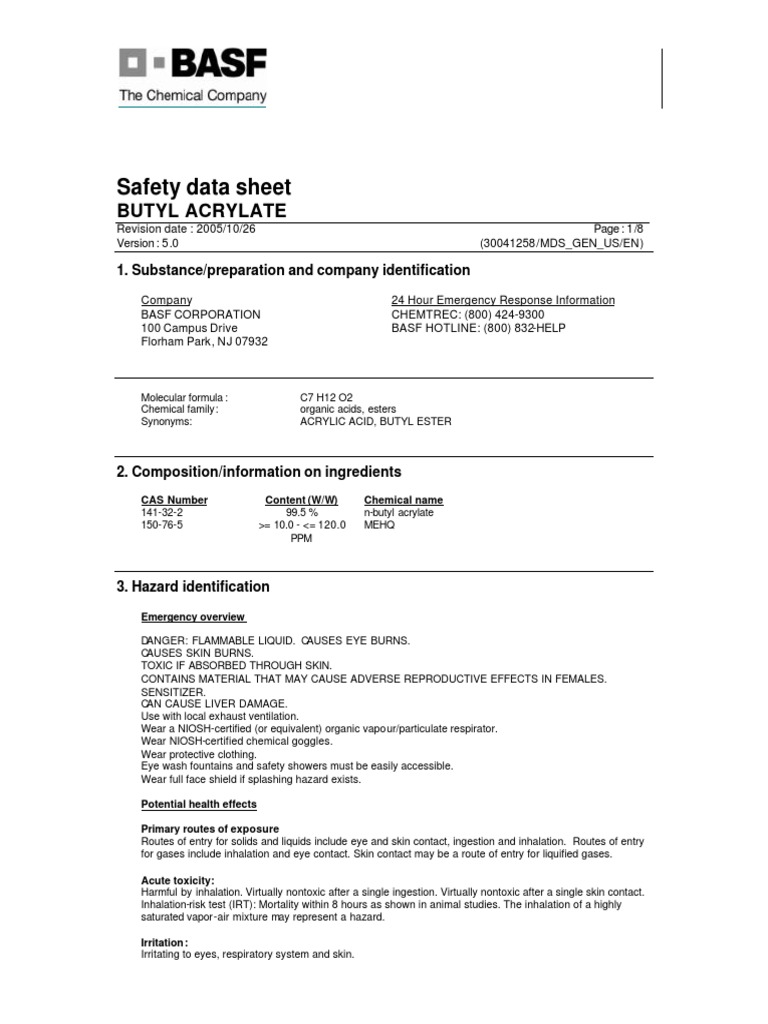 Safety Data Sheet: Butyl Acrylate | PDF | Toxicity | Firefighting