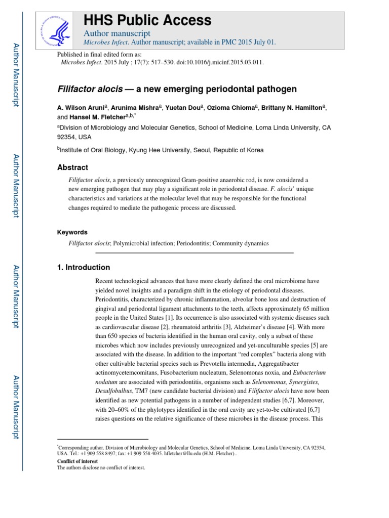 Filifactor alocis: A Newly Emerging Periodontal Pathogen and Its Unique ...