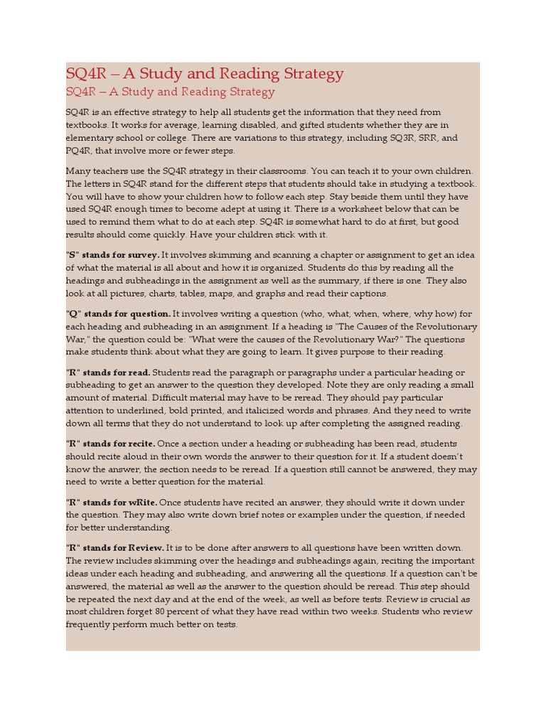 SQ4R - A Study and Reading Strategy | PDF | Speed Reading | Education ...