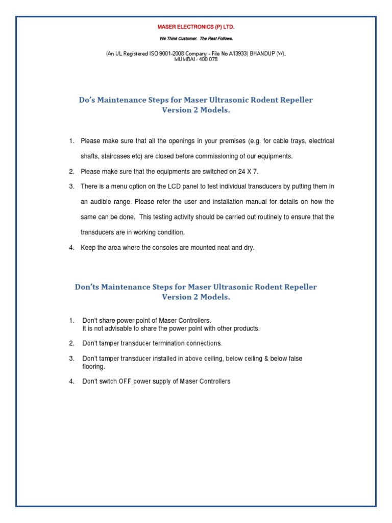 Rodent System-Do's & Don't For Maser V2 Models | PDF
