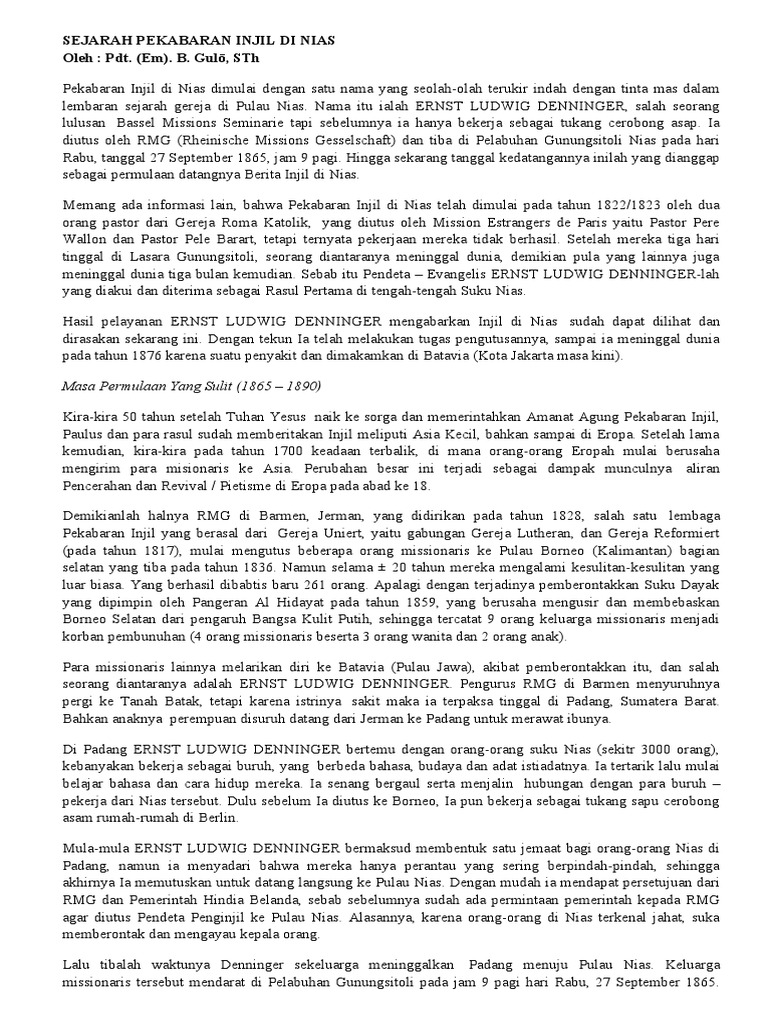 Sejarah Pekabaran Injil Di Nias | PDF