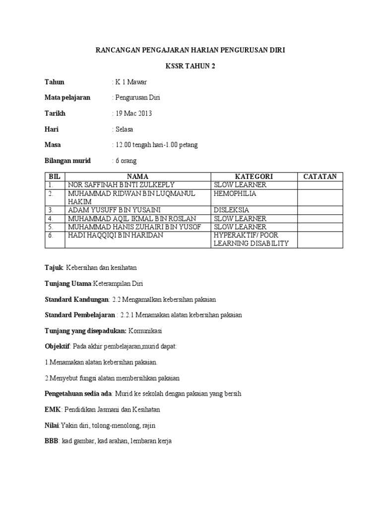 Rancangan Pengajaran Harian Pengurusan Diri | PDF