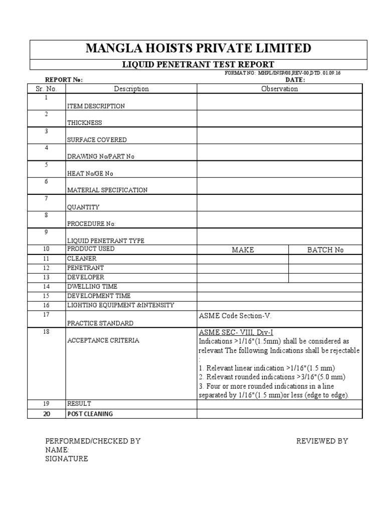 DPT LEST FORMAT Revised As Per ASME Sec IX | PDF