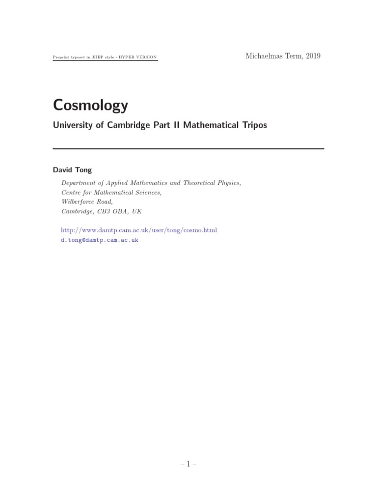00 Cosmology - Cambridge Lecture Notes PDF | PDF | Redshift | Universe
