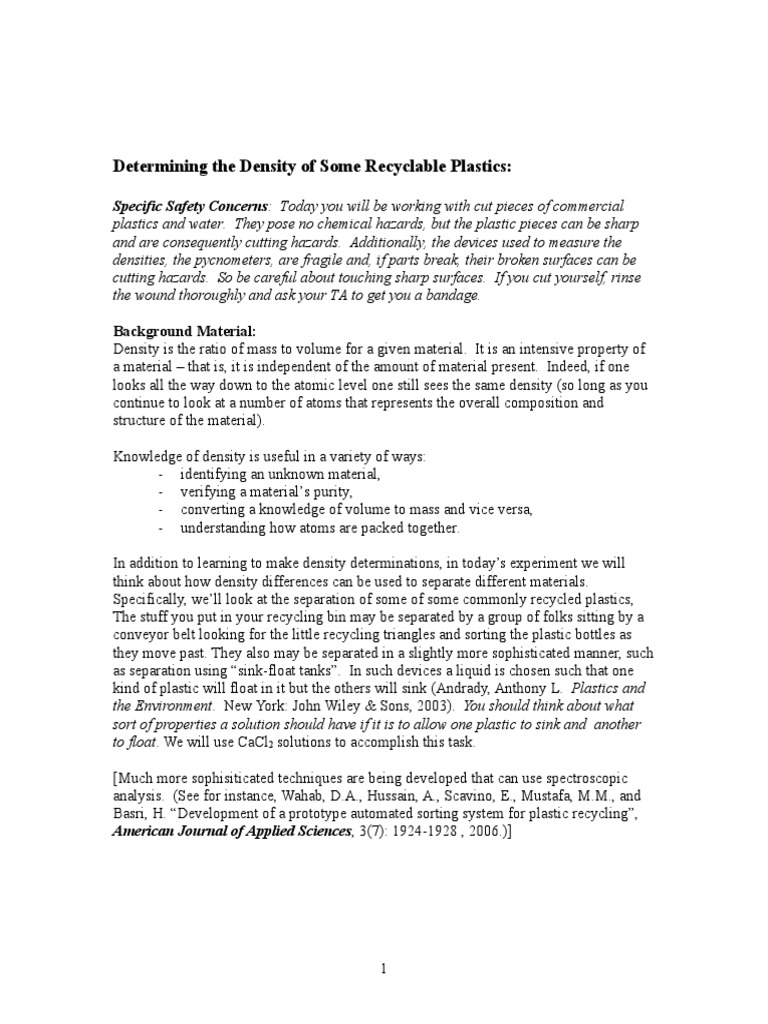 Determining The Density of Some Recyclable Plastics | PDF | Weighing ...