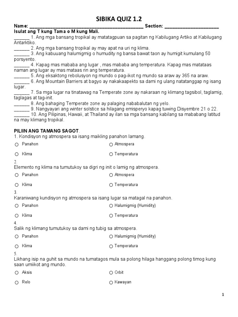 Sibika 5 Quiz 1 - 2 | PDF