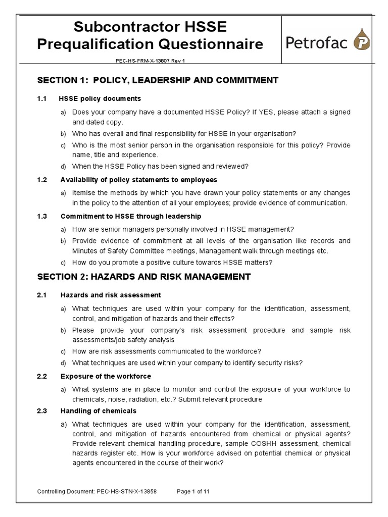 Subcontractor HSSE Prequalification Questionnaire | PDF | Audit ...