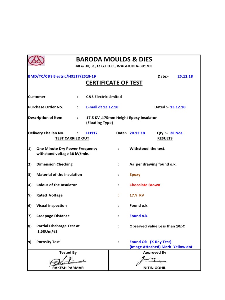 Baroda Moulds & Dies: Certificate of Test | PDF