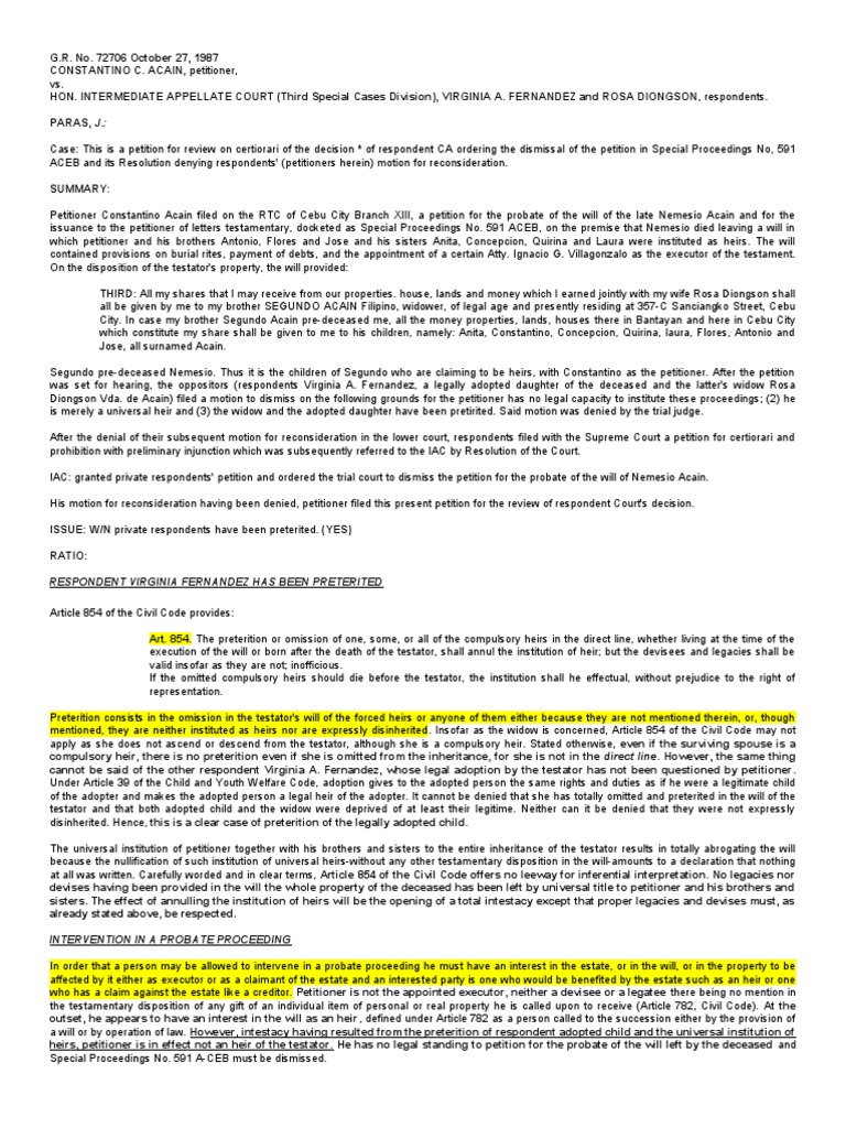 The Preterition of a Legally Adopted Child Annuls the Entire Will and ...