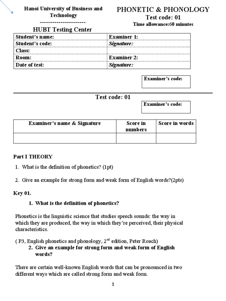 TEST - PHONETICS AND PHONOLOGY. Key | PDF | Tone (Linguistics) | Phonology