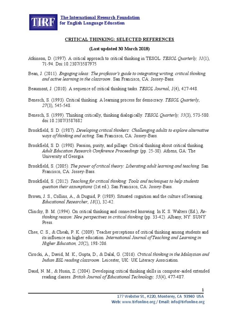 Critical Thinking: Selected References (Last Updated 30 March 2018 ...
