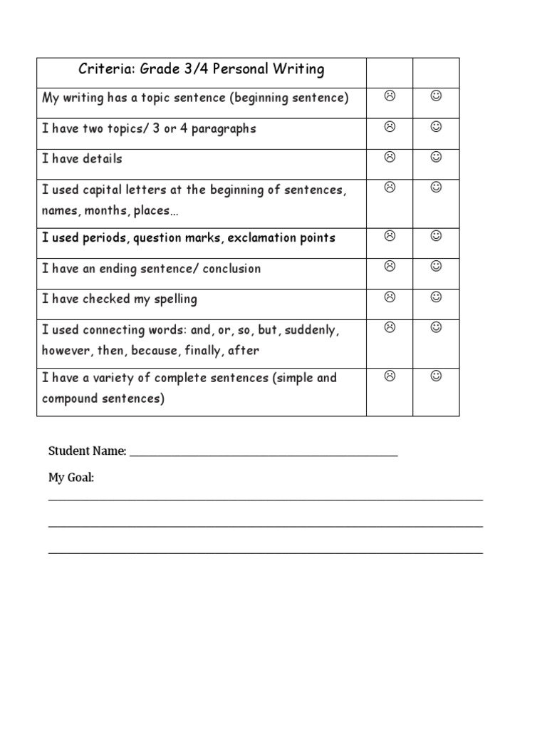 Student Criteria GR 3 4 Personal Writing | PDF