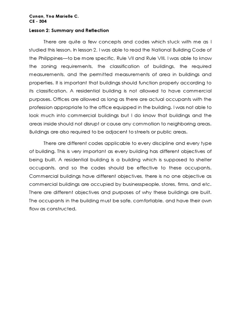 Lesson 2: Summary and Reflection: Cunan, Yna Marielle C. CE - 304 | PDF ...