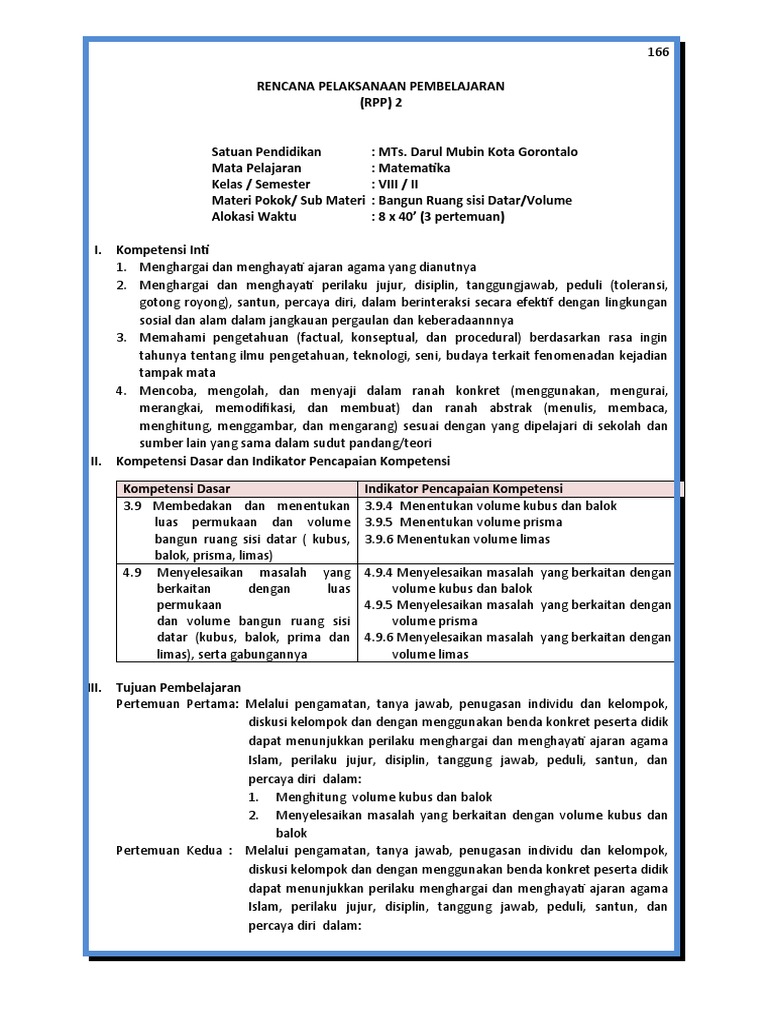 RPP Volume Bangun Ruang Sisi Datar, Revisi | PDF