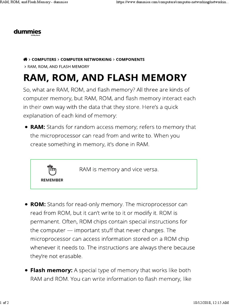 RAM, ROM, and Flash Memory - Dummies | PDF