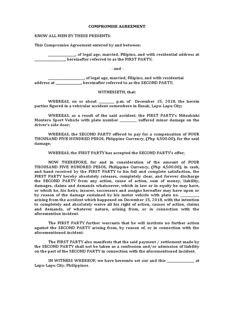 COMPROMISE AGREEMENT Vehicle Accident | PDF | Common Law | Justice
