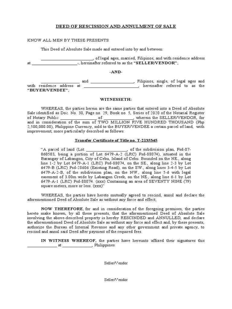 Deed of Rescission and Annulment of Sale: Seller/Vendor | PDF | Civil ...