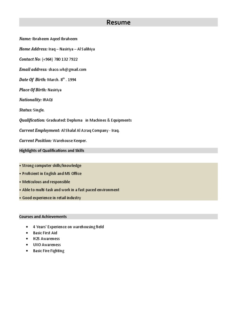 Warehouse Keeper Resume - Ibraheem Aqeel | PDF | Warehouse | Logistics