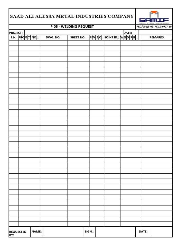 Welding Request Form PRD/001/F-05 | PDF