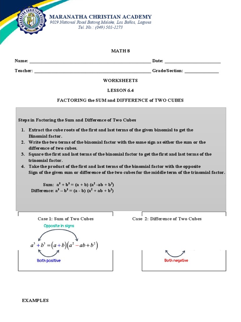 Math 8: Factoring Cubes Worksheet | PDF | Factorization | Algebra