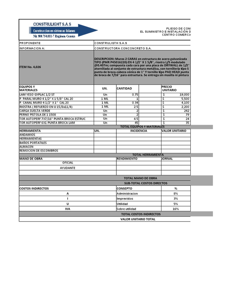 APU 2 MUROS DRY WALL Suministro e Instalación | PDF | Tornillo | Artesanías