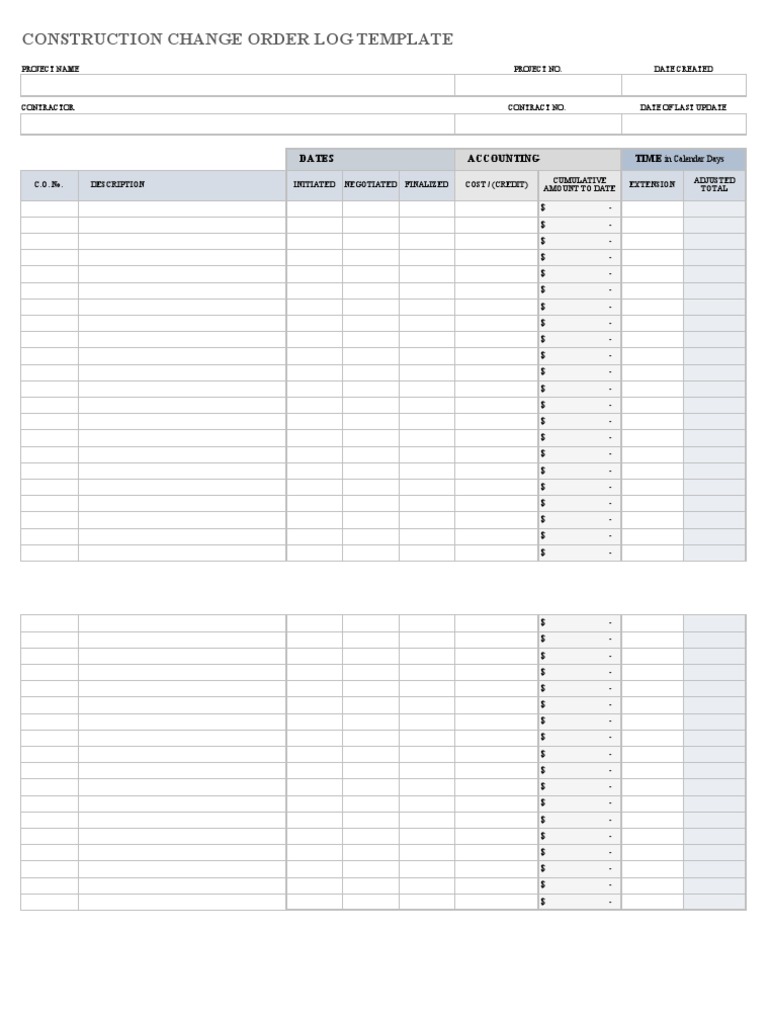 Construction Change Order Log Template: Dates Accounting Time | PDF ...